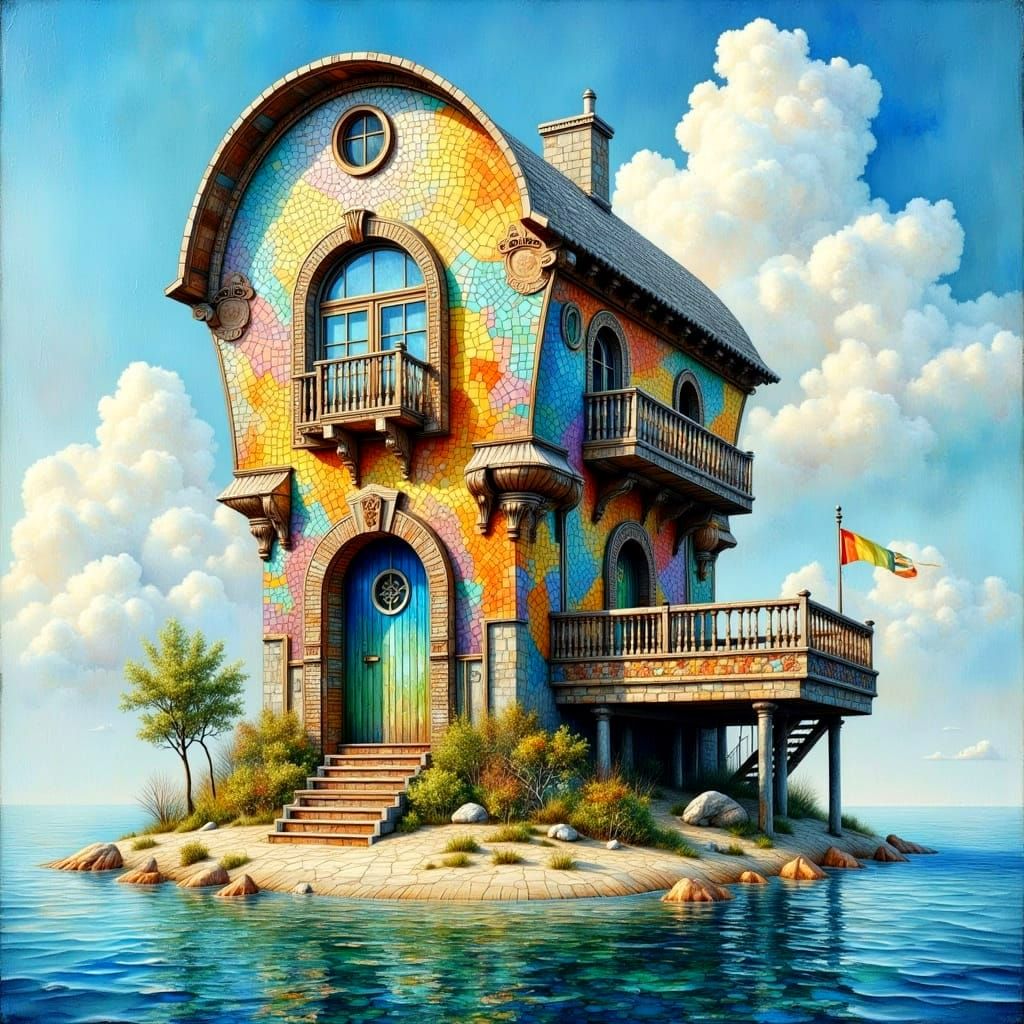 Curved Lakeside House on Stilts as Impasto Paintin... - AI Art