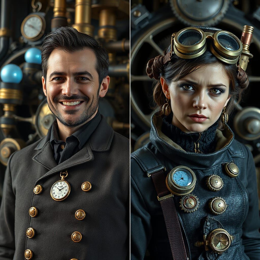 Steampunk Duo: Whimsical Gentleman and Enigmatic W... - AI Art