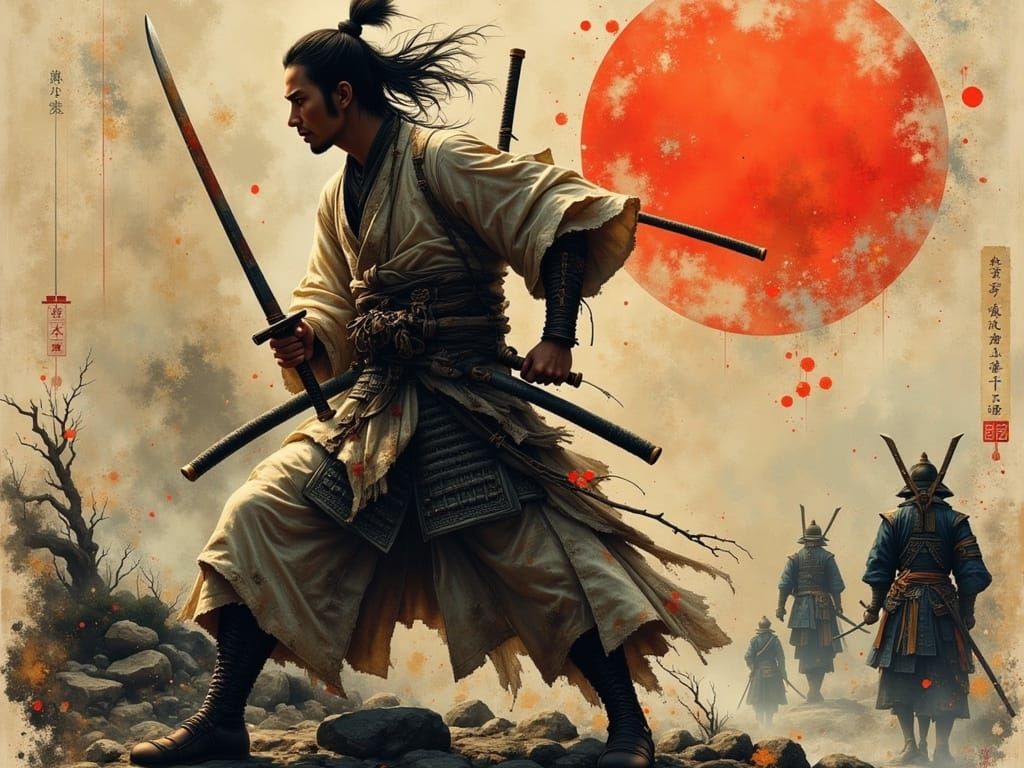 The Ronin stands in a defiant, powerful pose, holding his katana firmly ...