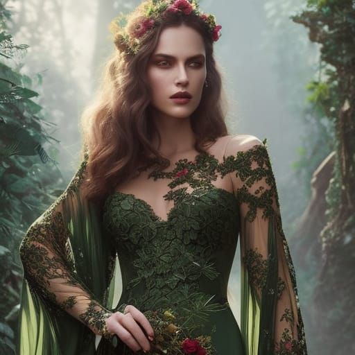 Beautiful Woman in a green lace gown, a masterpiece by by Greg ...