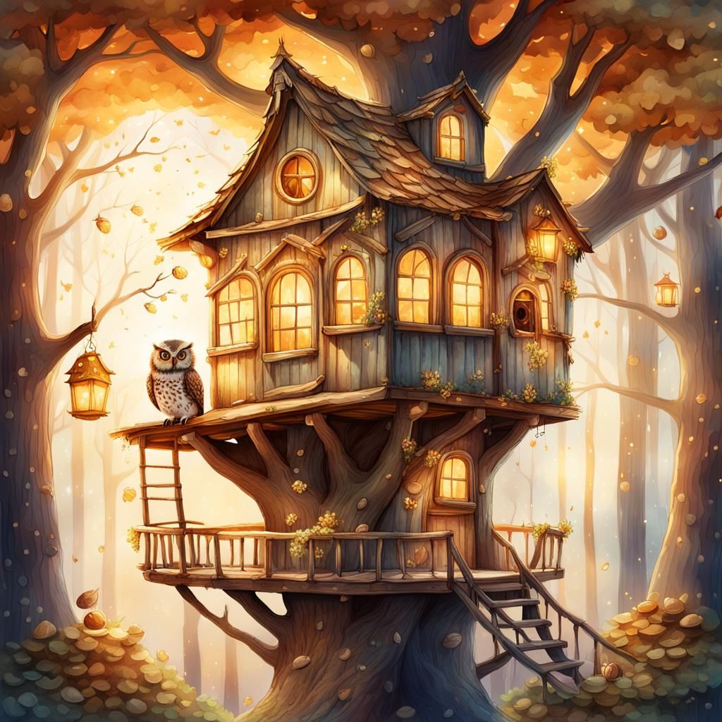 Enchanted Evening in a Whimsical Treehouse - AI Art