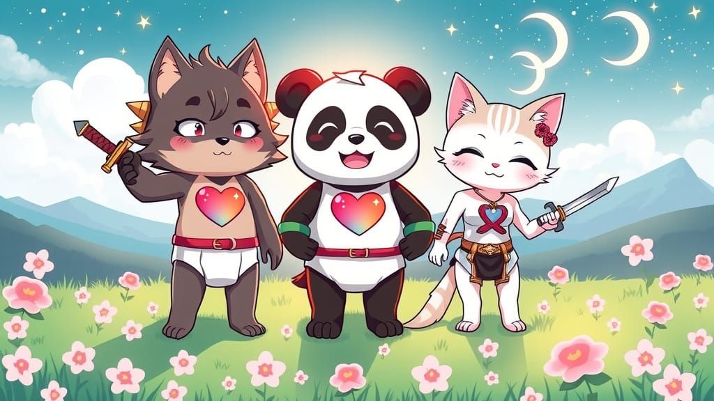 Chibi Samurai Friends Unite in Vibrant Fantasy Lan... - AI Art