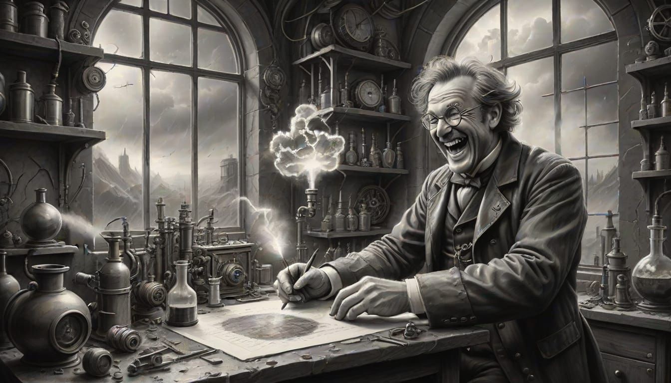 Steampunk Scientist Enjoys Tinkering in Stormy Sto... - AI Art