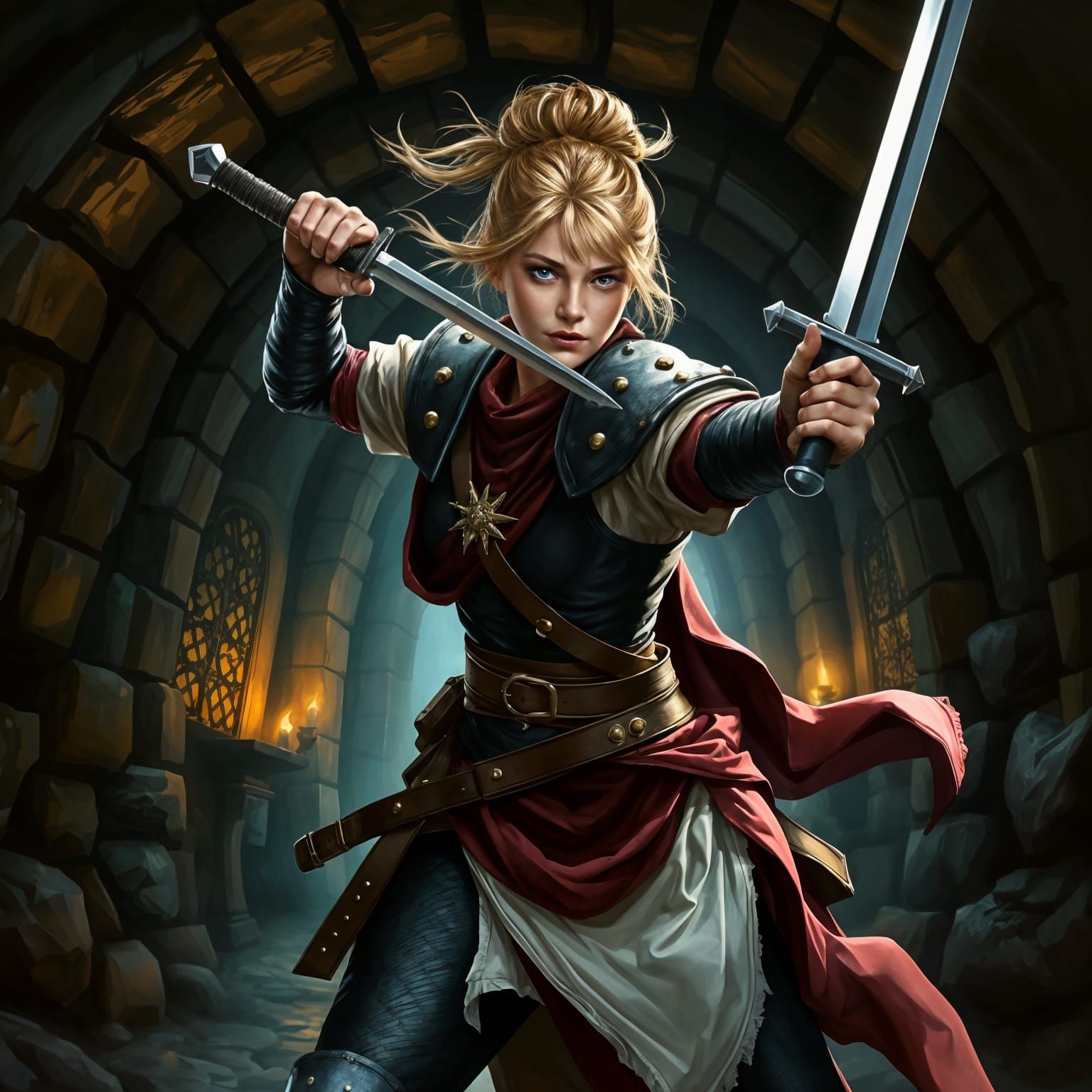 Medieval Fantasy Cleric in Action, Wielding Swords - AI Art