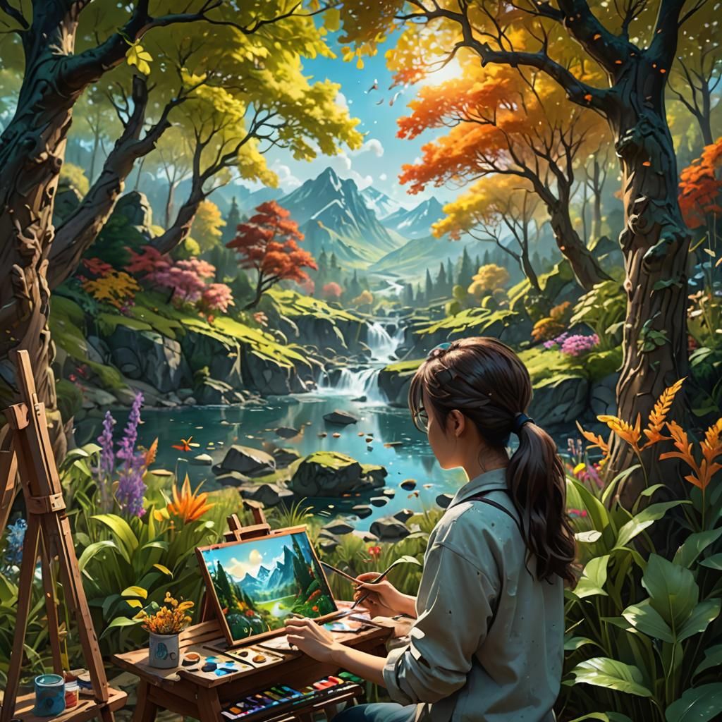 An artist painting a beautiful painting of nature. - AI Generated ...