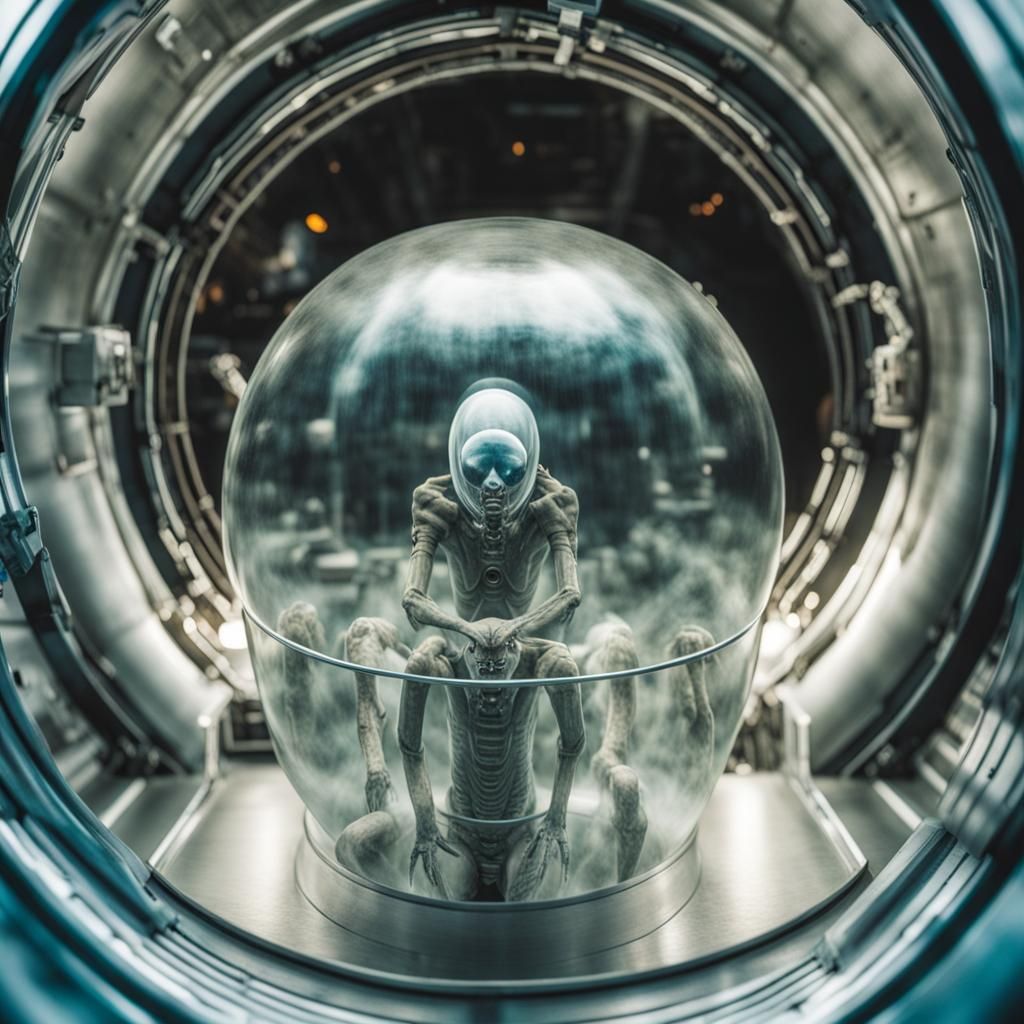 Photograph, Macro, aliens are in the transparent cryonics capsules ...