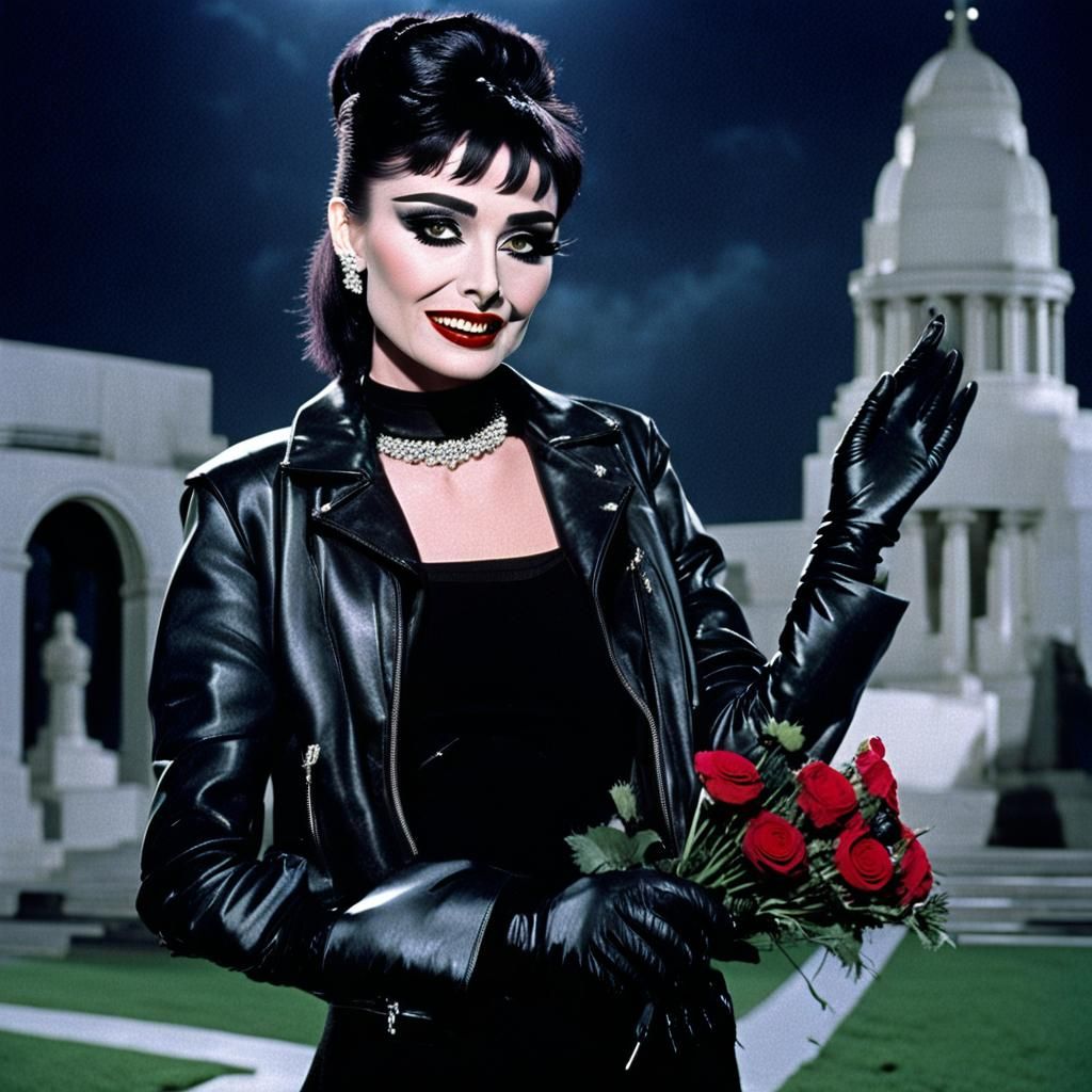 At nighttime, outside of a massive marble mausoleum, we see Audrey ...