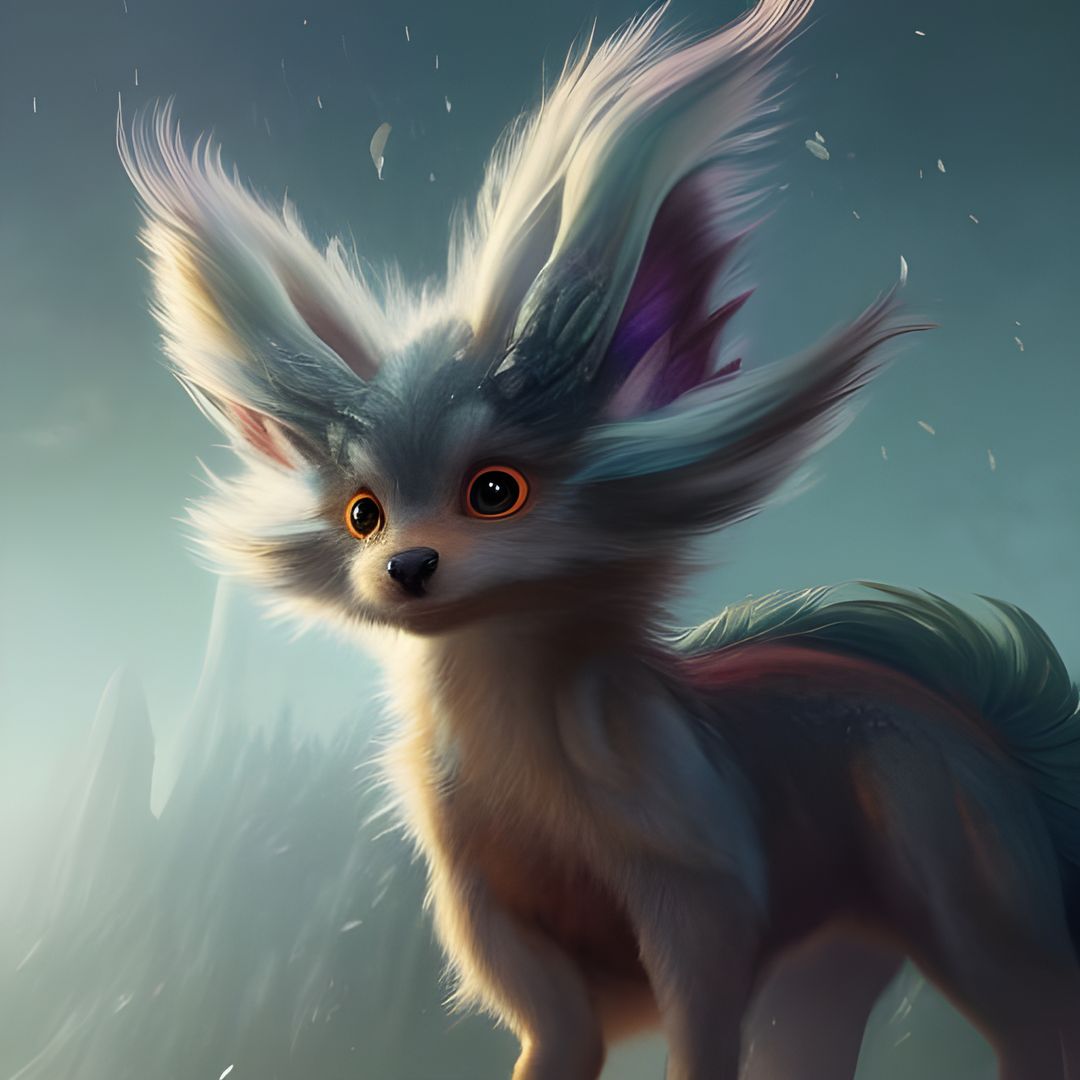 small cute mythical creature with large bright eyes, fur and a bushy ...