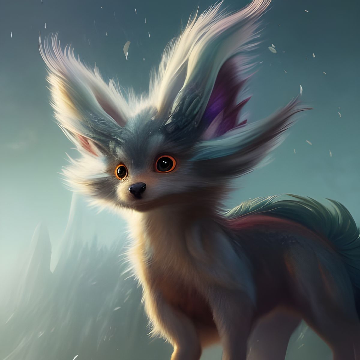 small cute mythical creature with large bright eyes, fur and a bushy tail, detailed matte ...