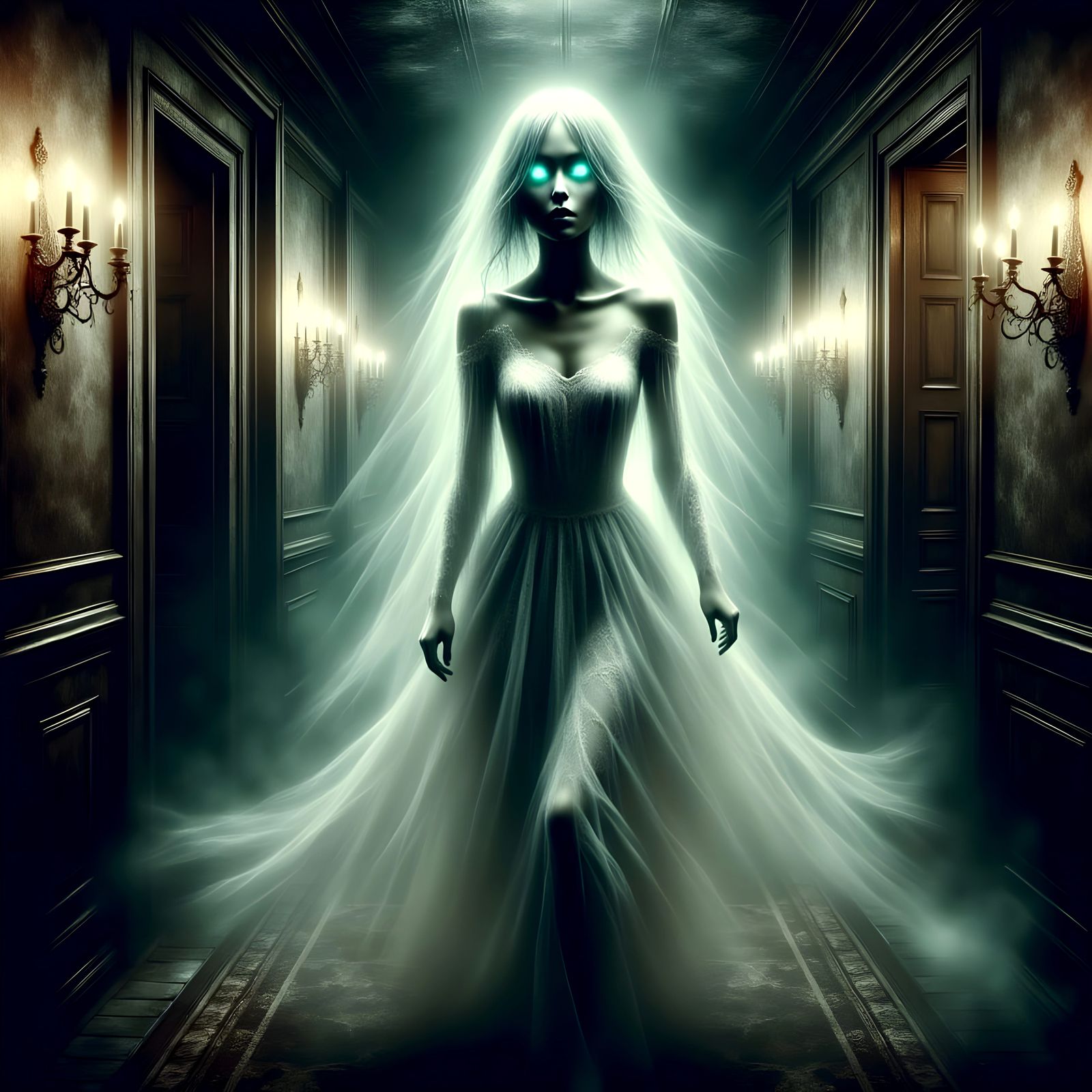Ethereal Female Spirit in a Haunted Mansion at Nig... - AI Art
