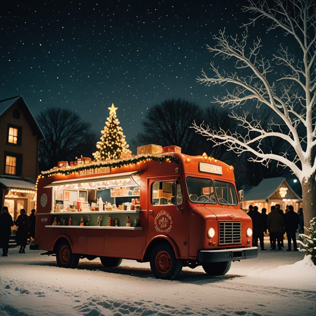 Fantasy 50s Christmas Food Truck in Warm Cinematic... - AI Art