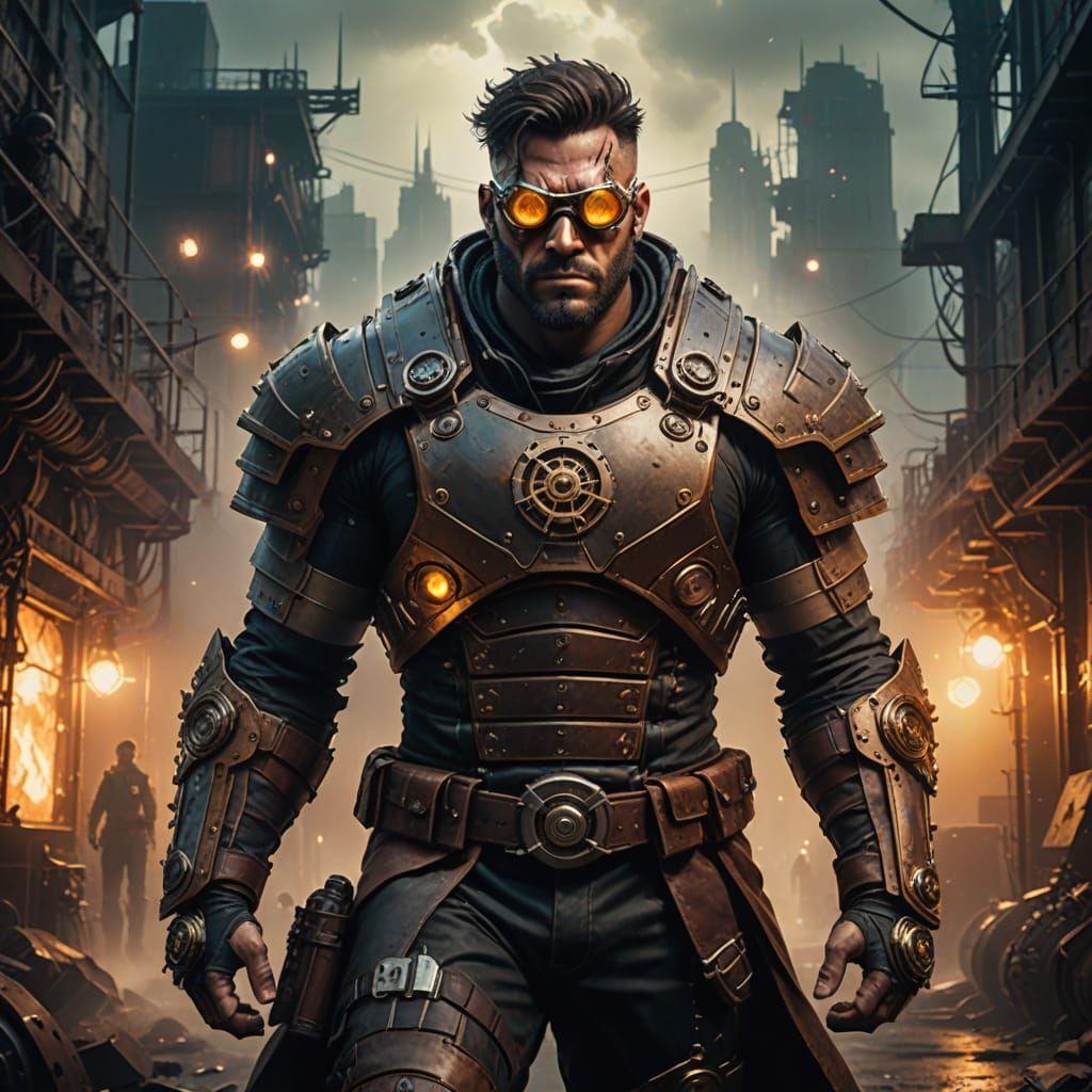 Steampunk Barbarian Hero in Industrial Cityscape - AI Art