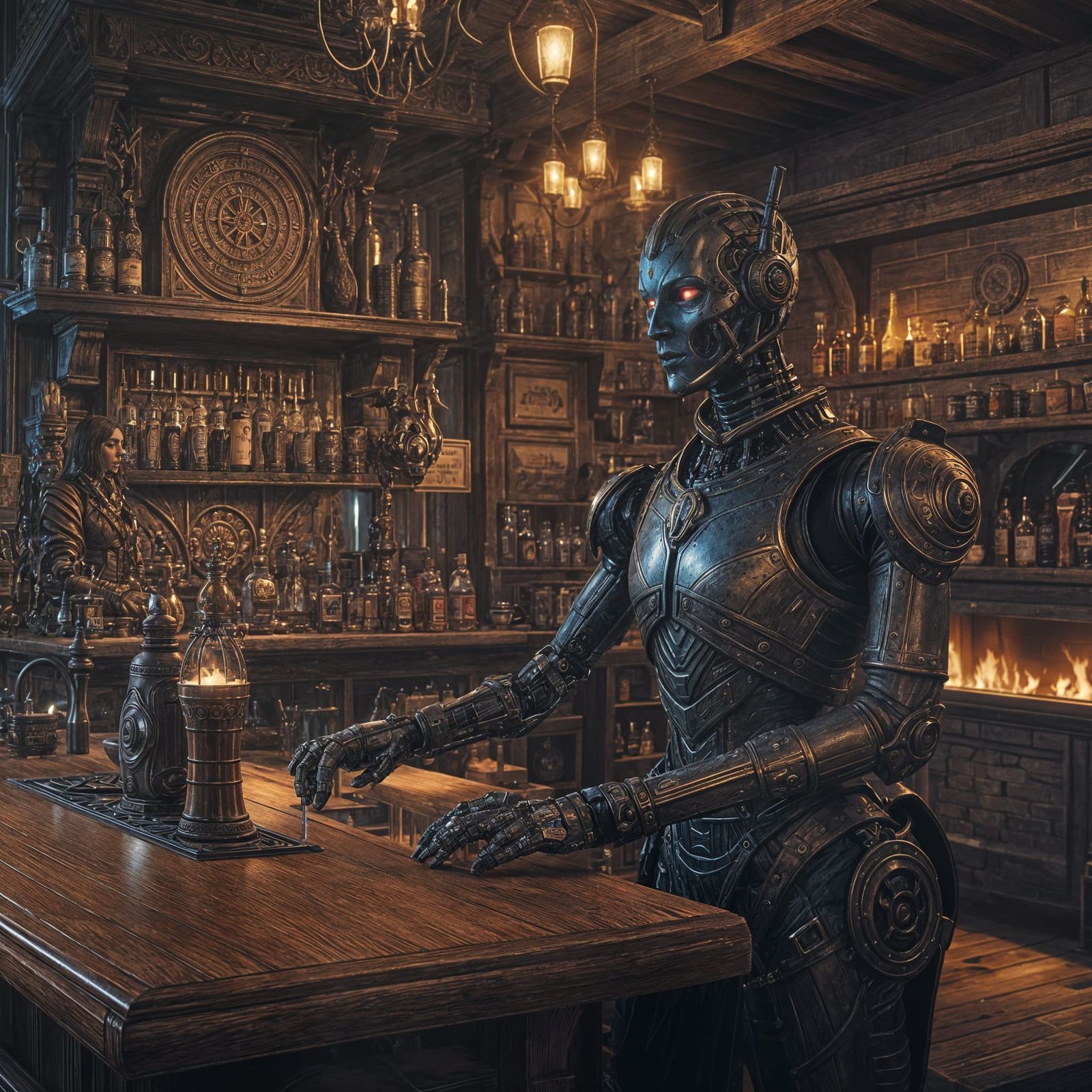 Gothic Fantasy Tavern with Robotic Bartender in Wa... - AI Art