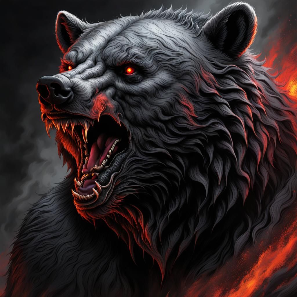 bear demon lord of hell, black and gray, detailed, horror, lighting ...
