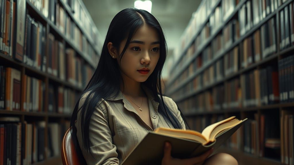 Serene Study Session in a Quiet Library: A Young A... - AI Art