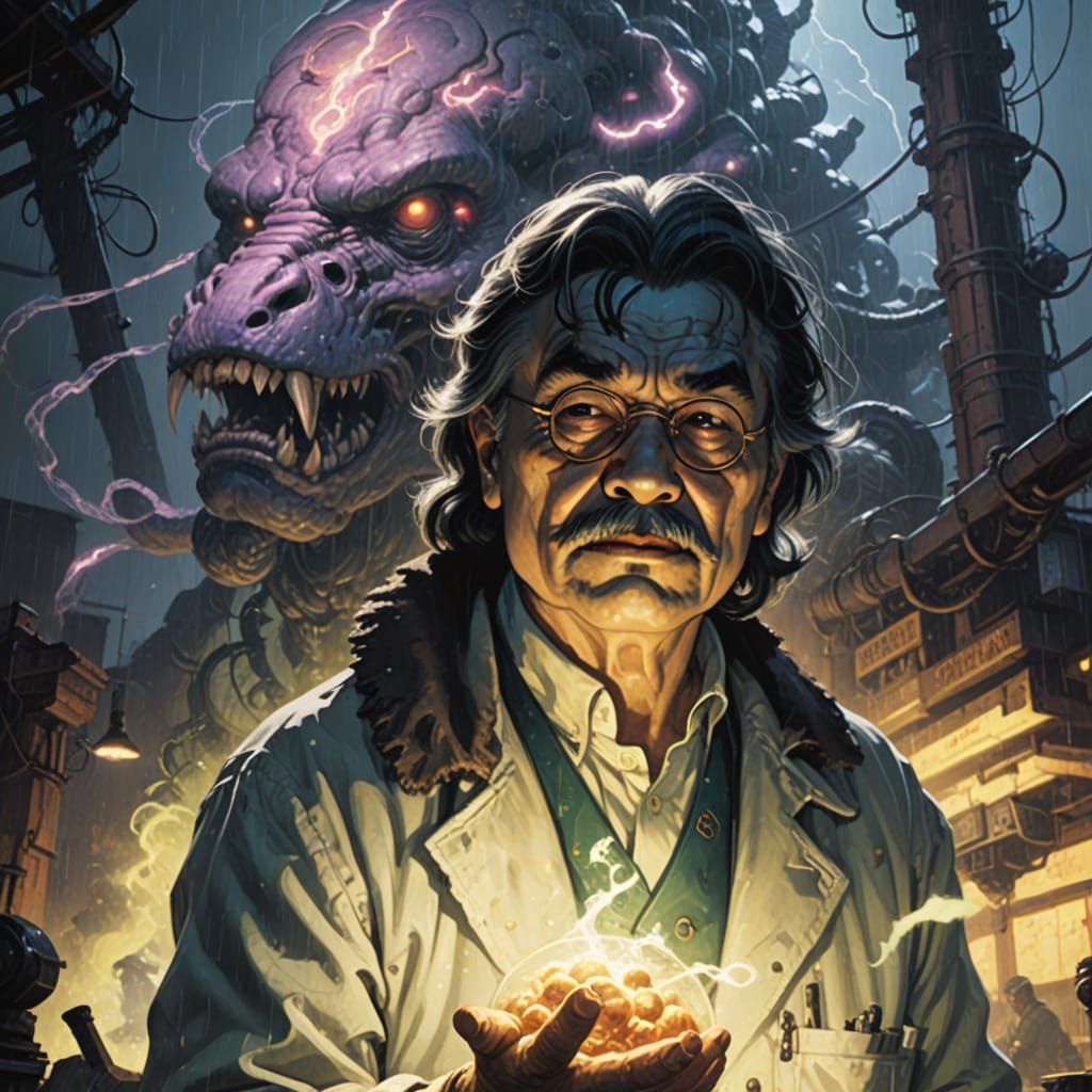 Dark Cyberpunk Scientist in Neon-Lit Laboratory - AI Art