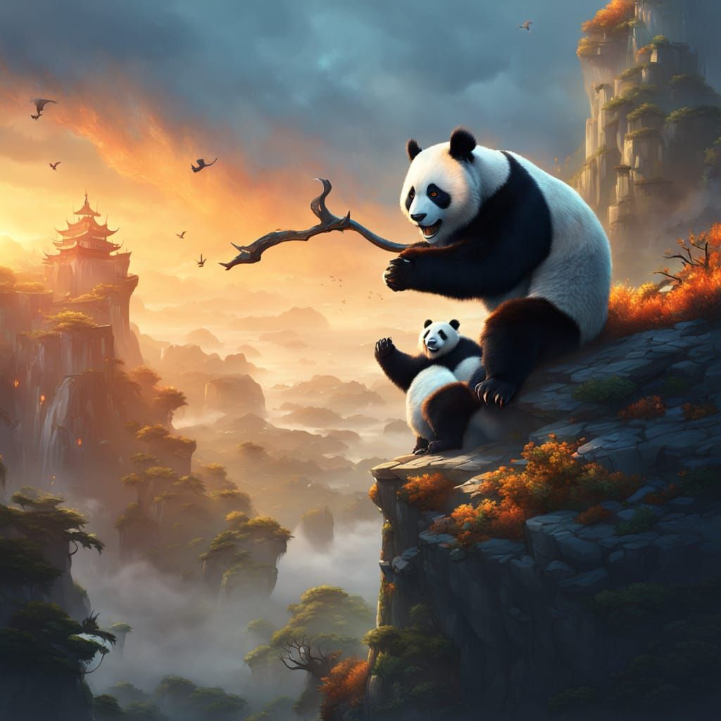 too pandas fighting over a cliff - Fantasy Pandas Clash at S...