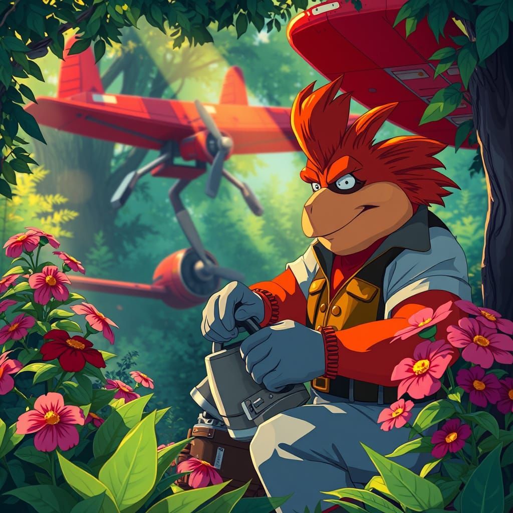 Porco Rosso Retires in Serene Garden Oasis - AI Art