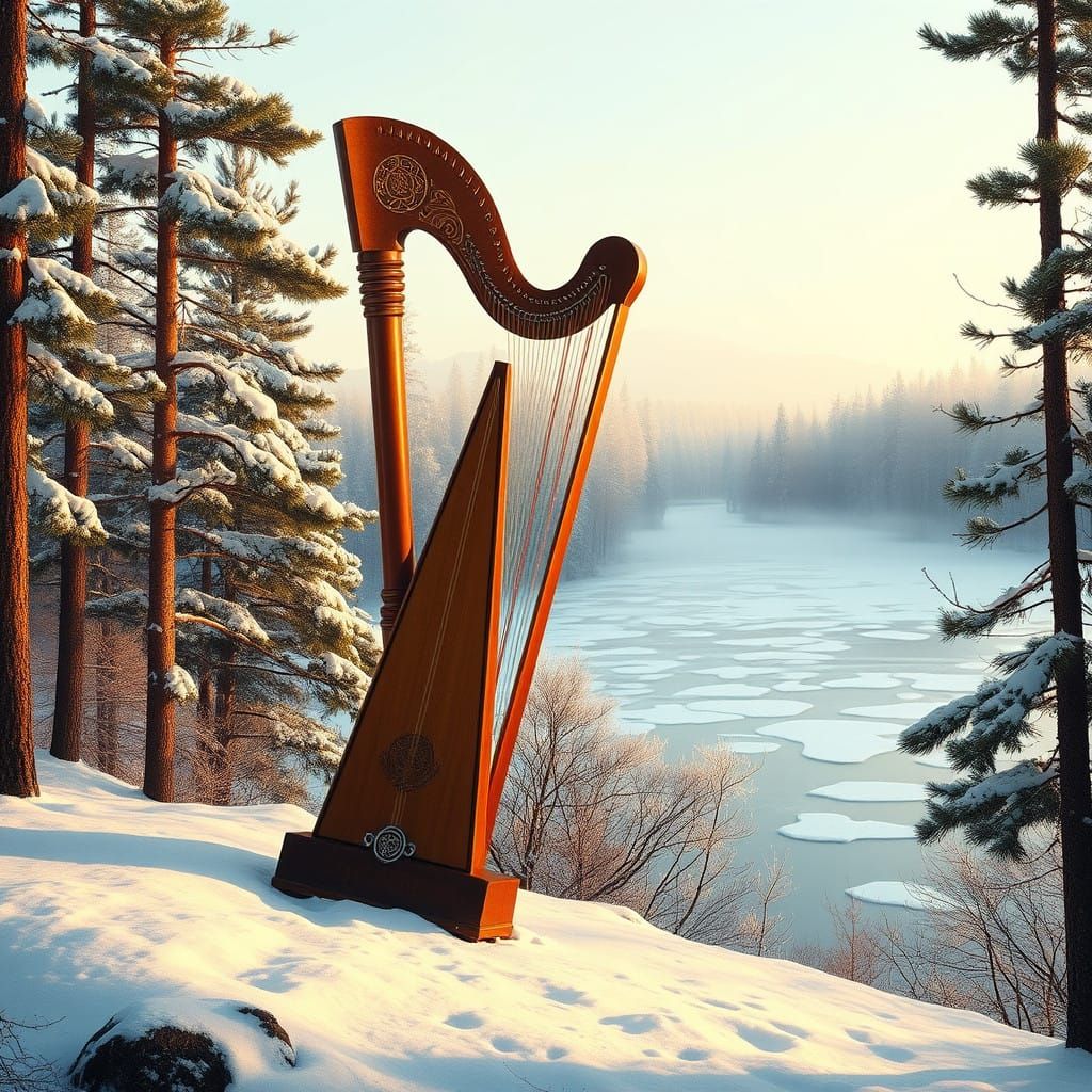 Hyperrealistic Irish Harp in Snowy Pine Forest Lan... - AI Art