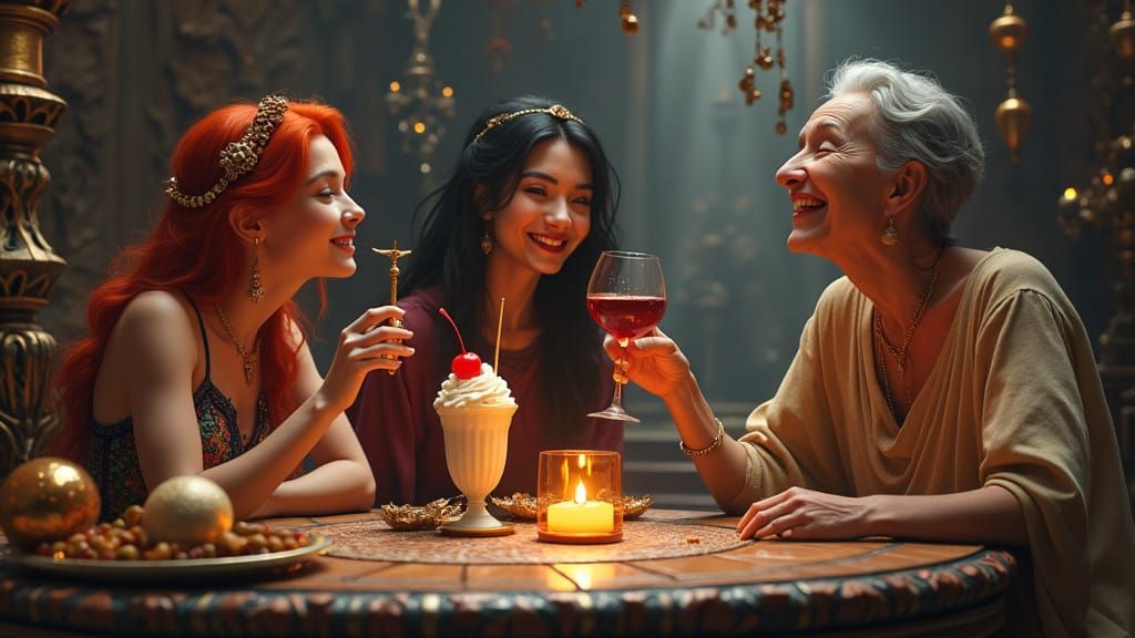 The three fates sitting at a table having fun, lau... - AI Art