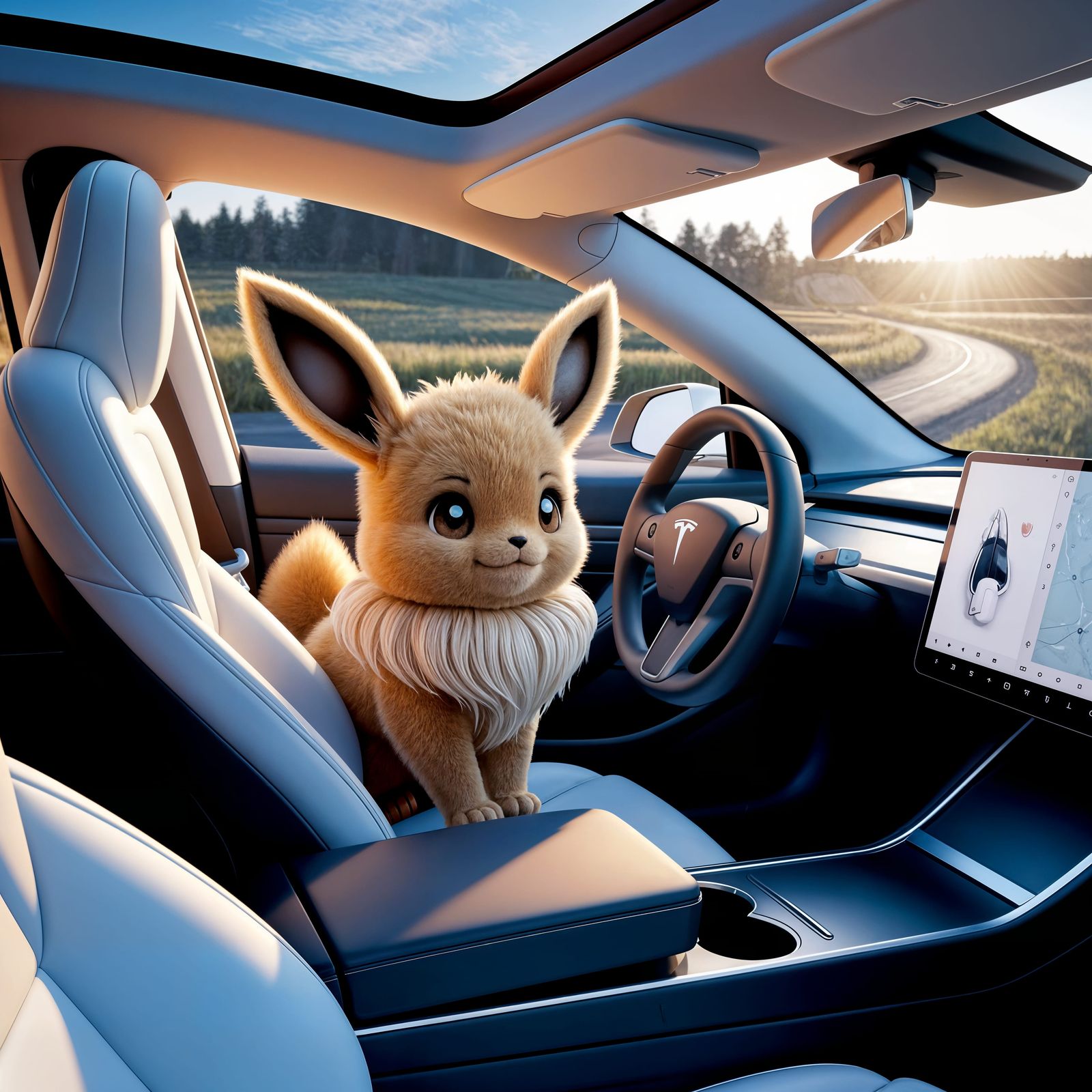 Eevee in an EV - Surreal Eevee Drives Through Sunny Countrys...