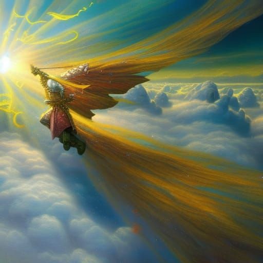 medieval knight, golden armor, falling from sky, above clouds, bright ...