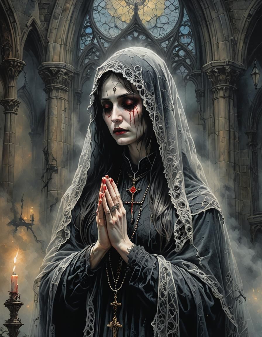 dark gothic ink painting creepy horror evil gothic cathedral praying ...