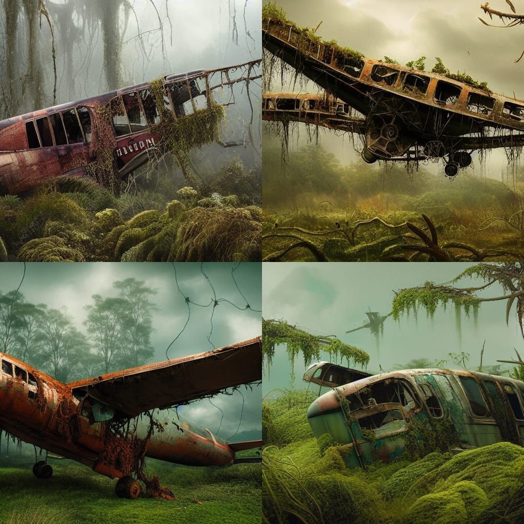 Overgrown airplane wrecks covered in rust vines and moss - AI Generated ...