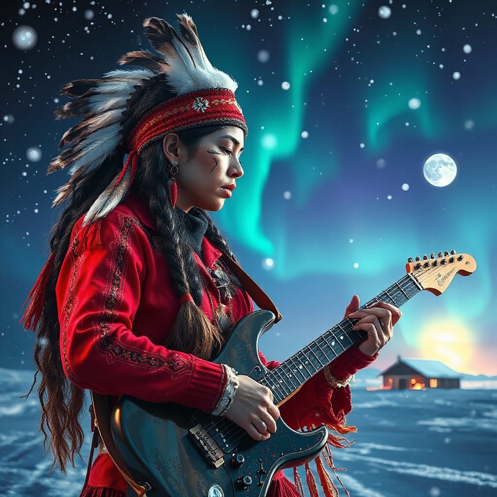 Goth native American woman playing metal