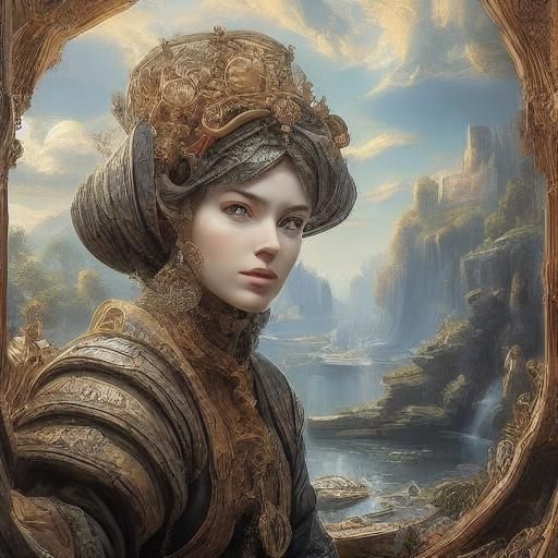 Doble exposire Beautiful Medieval woman portrait against castle ...