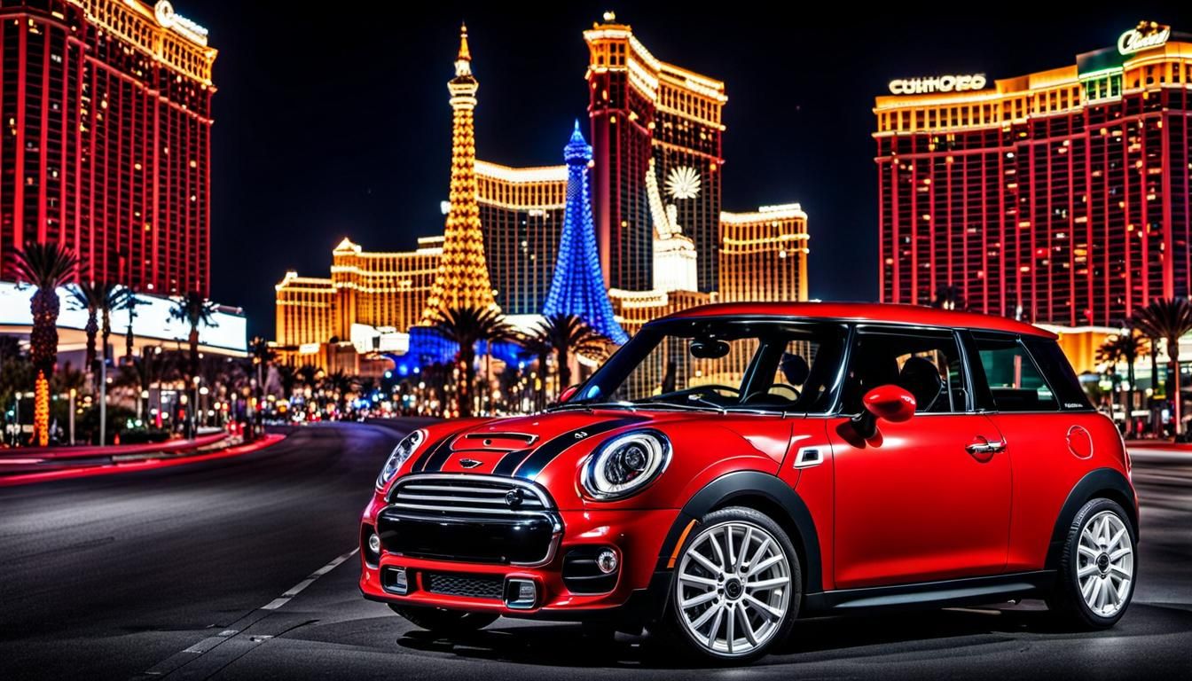 a classic red mini cooper car parked in las vegas strip at night - AI ...