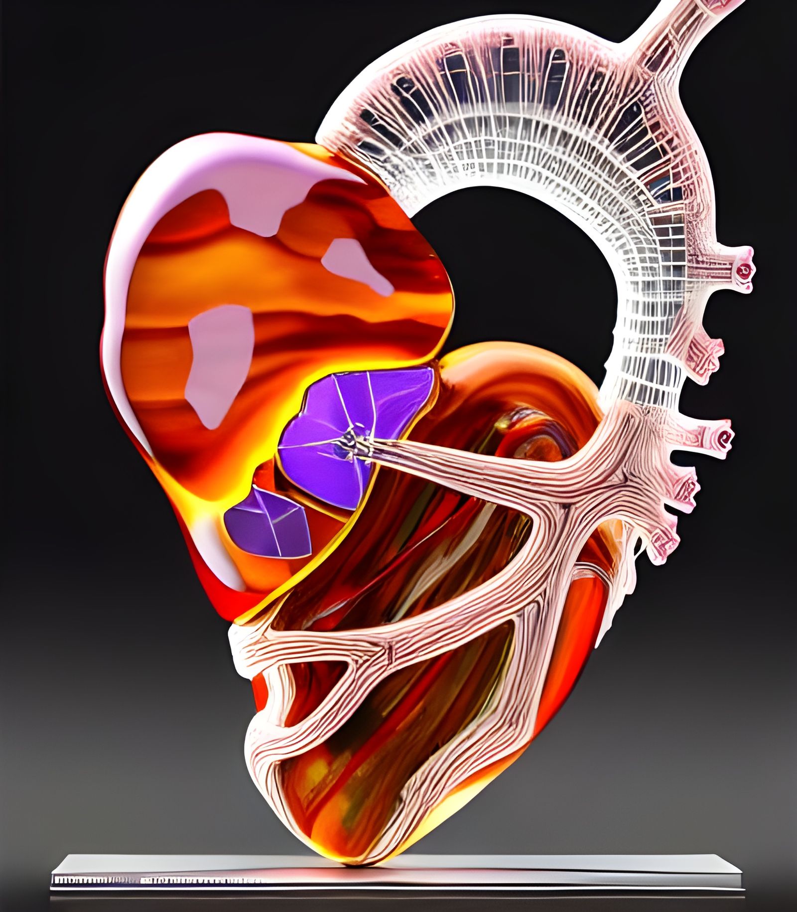 Glass sculpture of anatomical heart with stained crystle, strong colors ...
