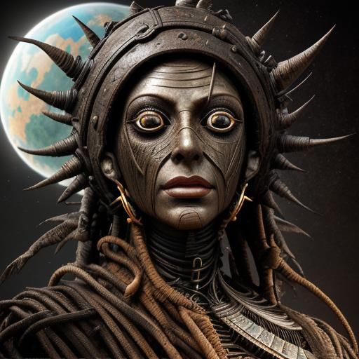 a close-up material mummy patched clay and wire sculpture with weird ...