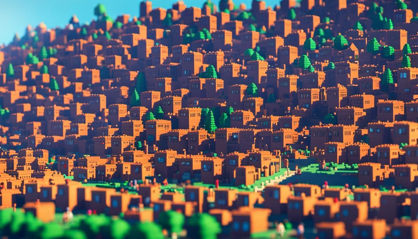 town, with crowded voxel people and voxel vehicles, macro lens, macro ...