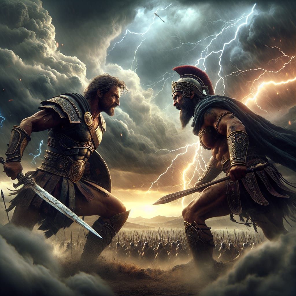 Achilles fights with Ettore. Background with lightning, wind and an ...