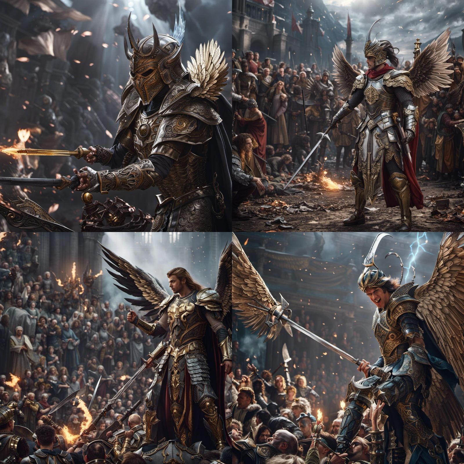 male angel in ornate armor forging weaponry in front of crowd of people ...