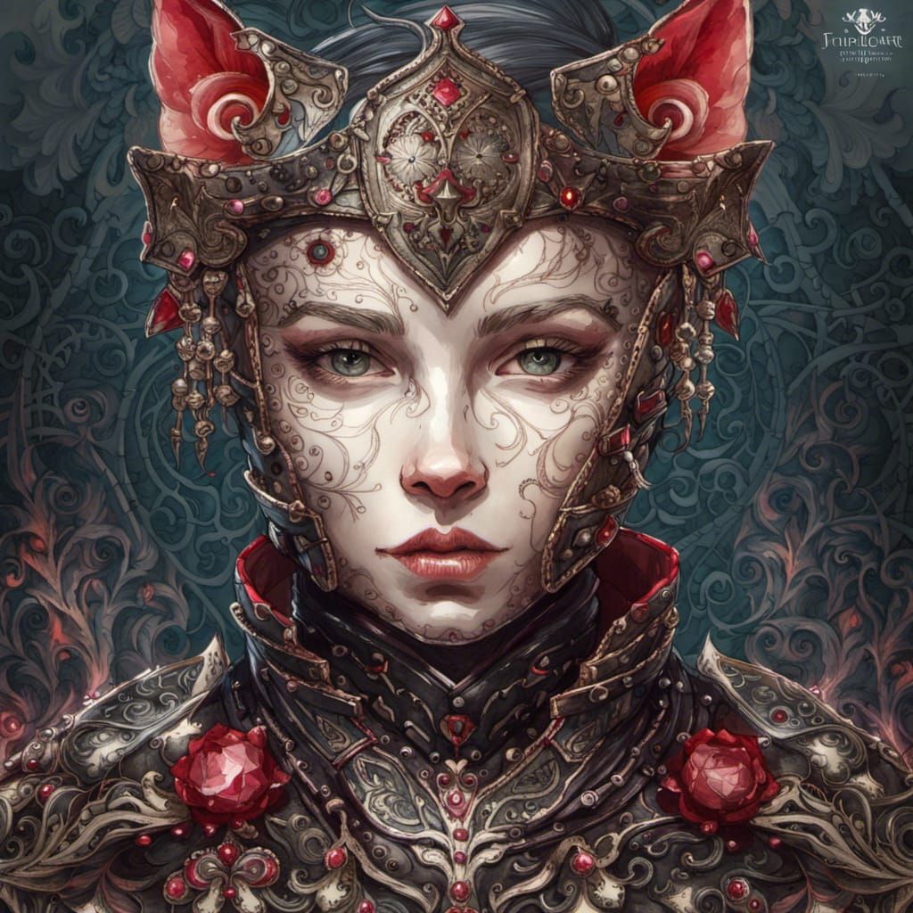 Genivel, Kitten Knightess deep obsidian and ruby armor, Ivory inlay ...