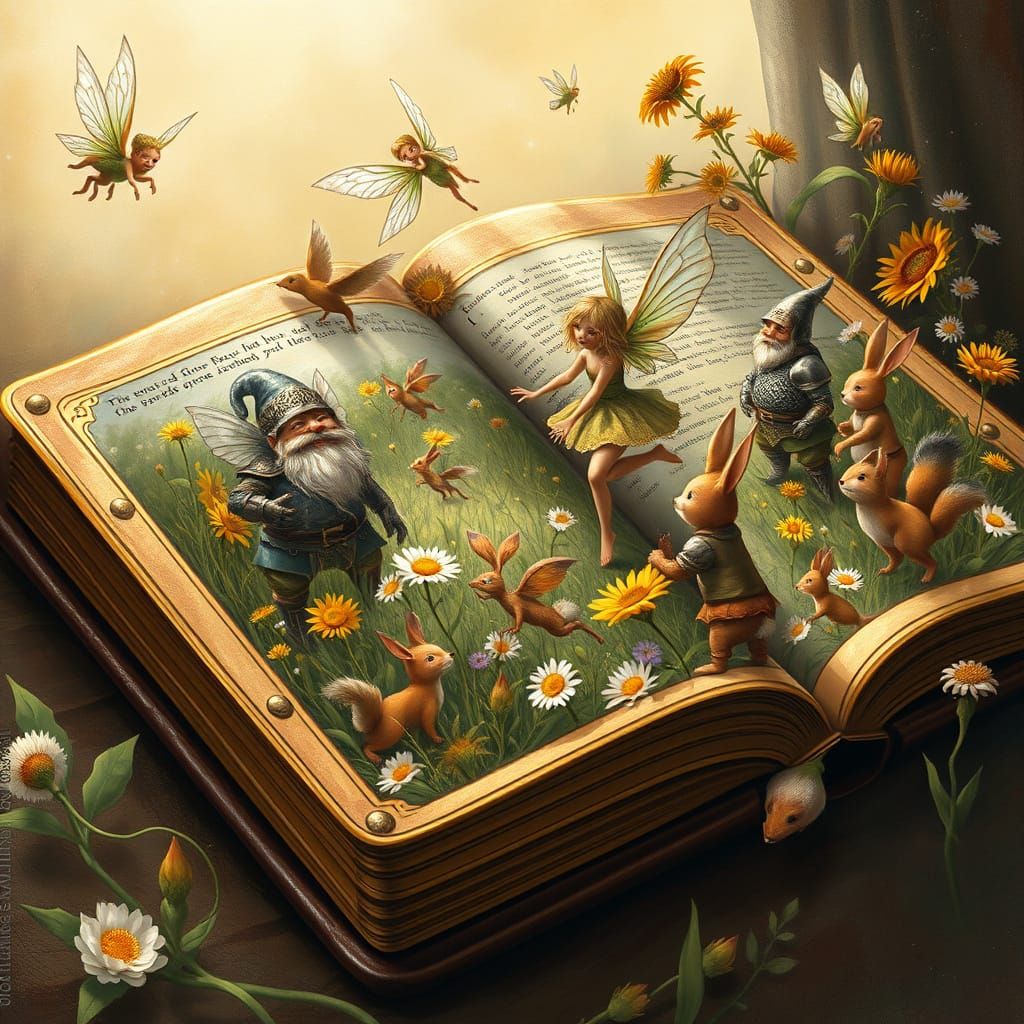 Whimsical Fantasy World in a Golden-Edged Book - AI Art