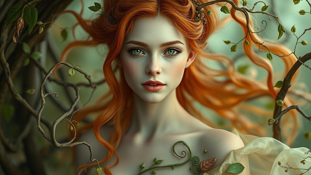 A photo of a 23-year-old dryad with porcelain-like skin and hair that ...