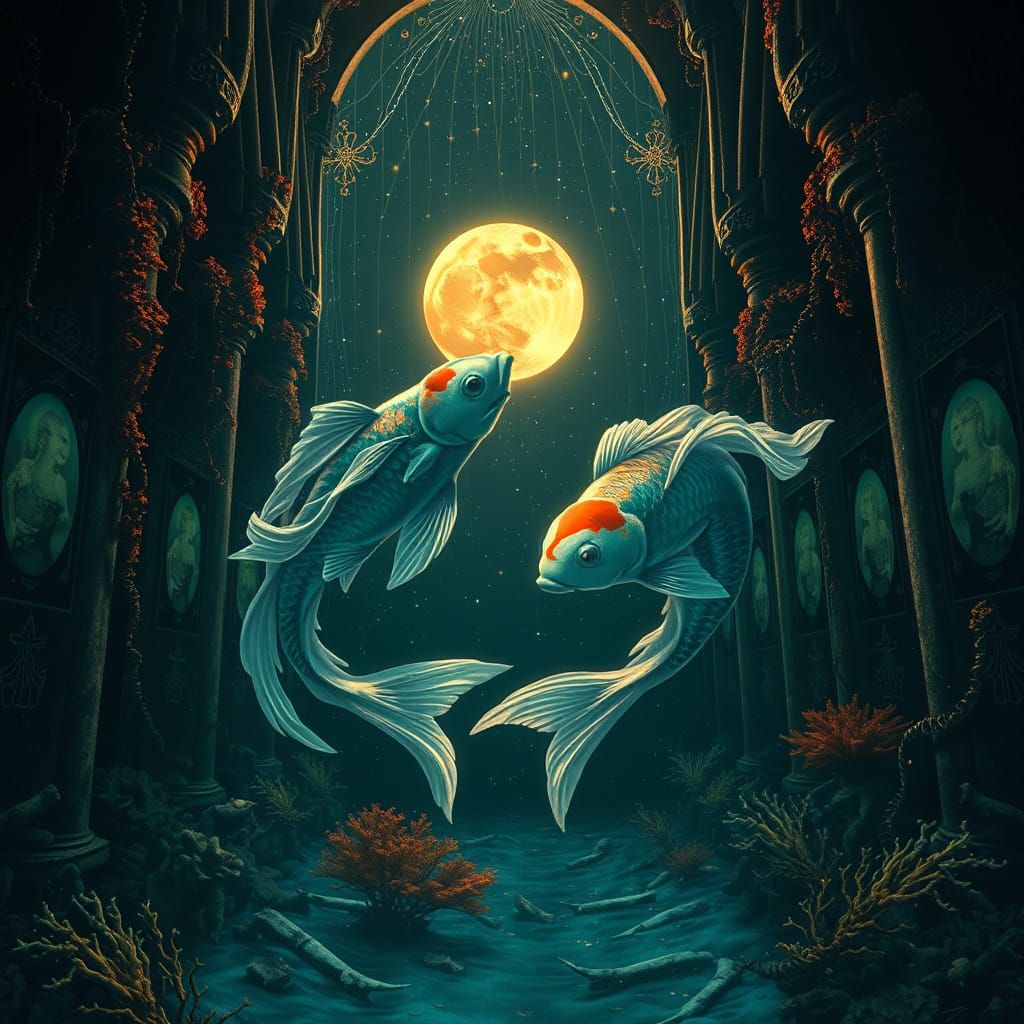 Pisces - Twin Koi Fish Swim through a Submerged Cathedral in...