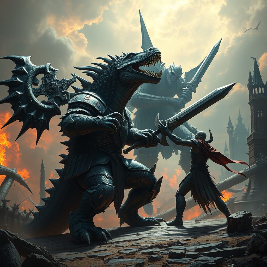 Epic Clash of Reptilian Warrior and Human Behemoth... - AI Art