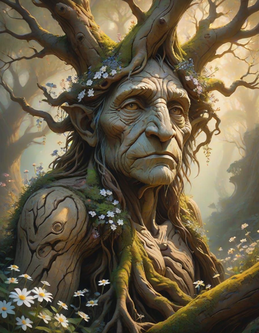A mystical tree trunk, its weathered bark twisted with ancient knots ...