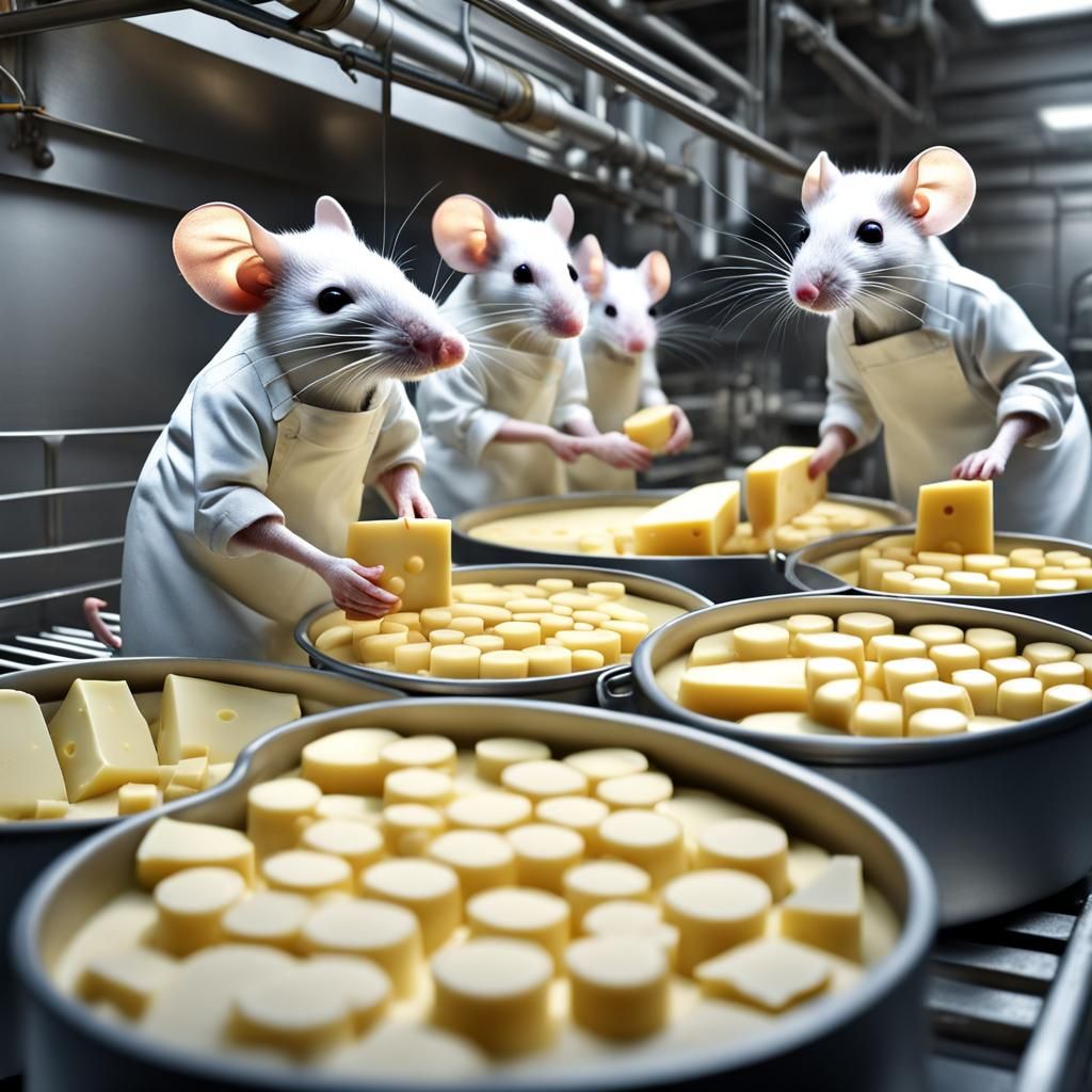 a group of mice working in factory making cheese in pans, intricate ...