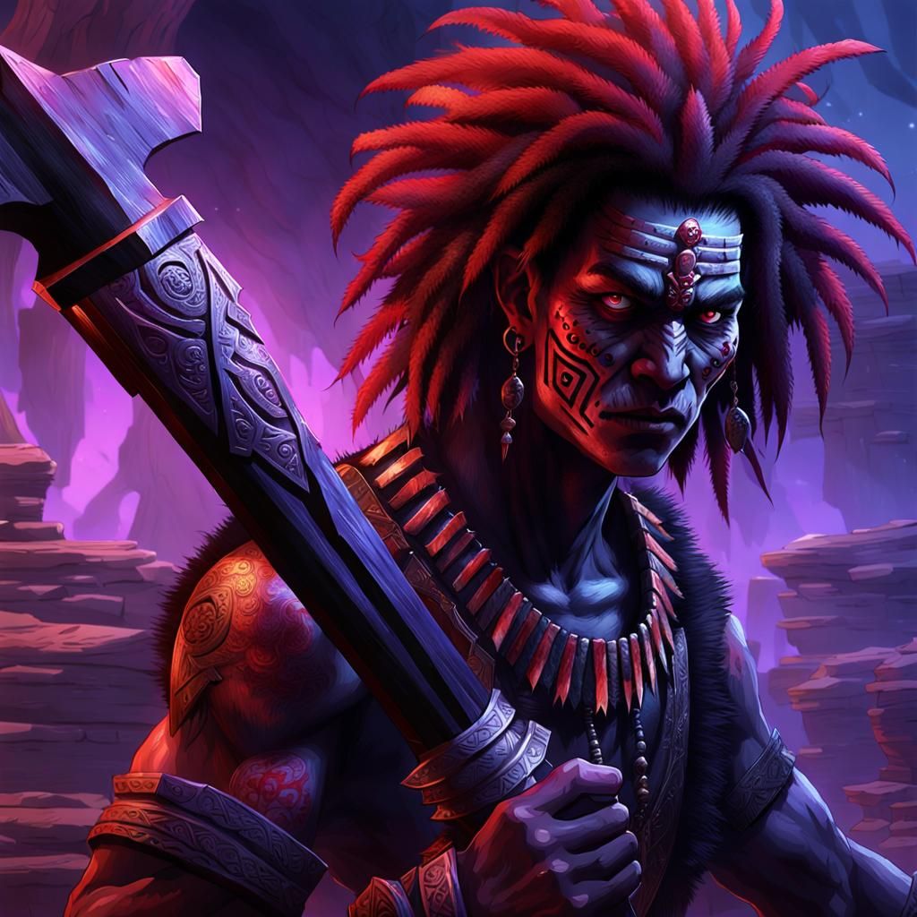 A scruffy teenage Yuan-ti Pureblood male, with a shock of blood-red ...