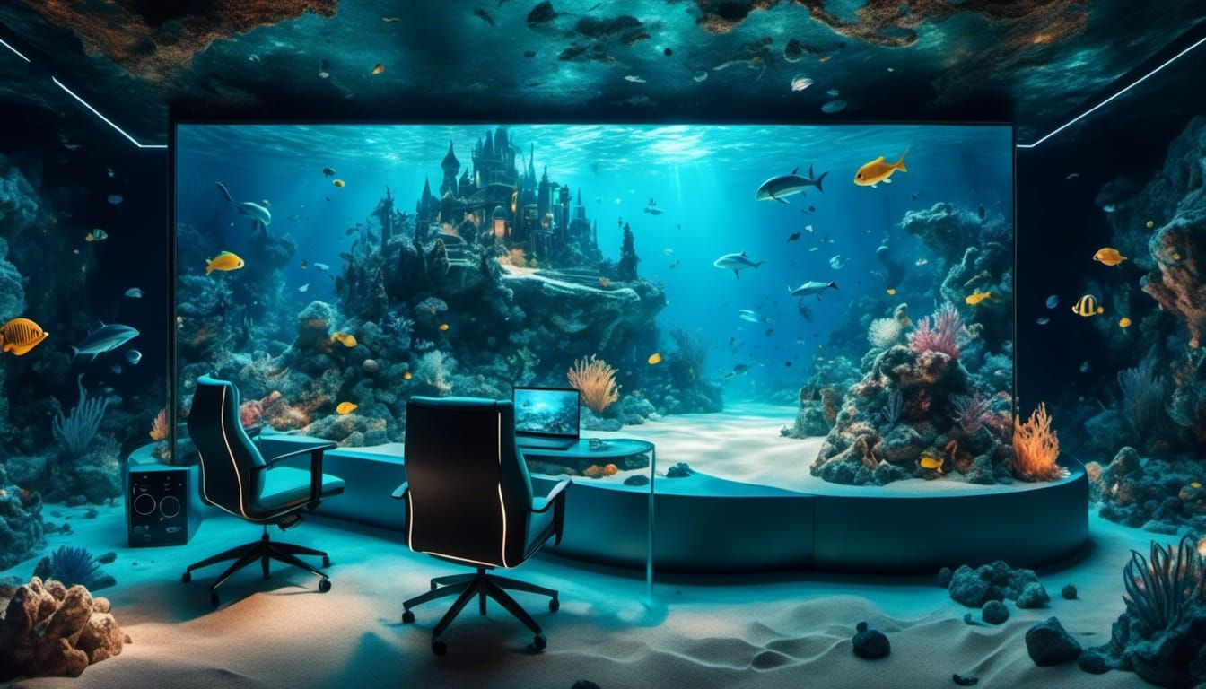 A landscape of an underwater world with a gaming setup that has a ...