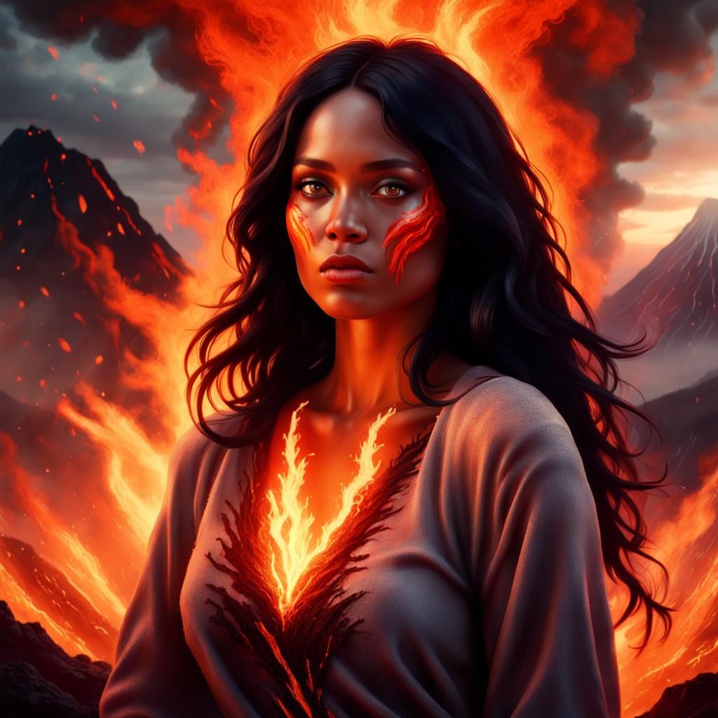 Woman Communes with Volcano Spirit in Vibrant, 8K ... - AI Art