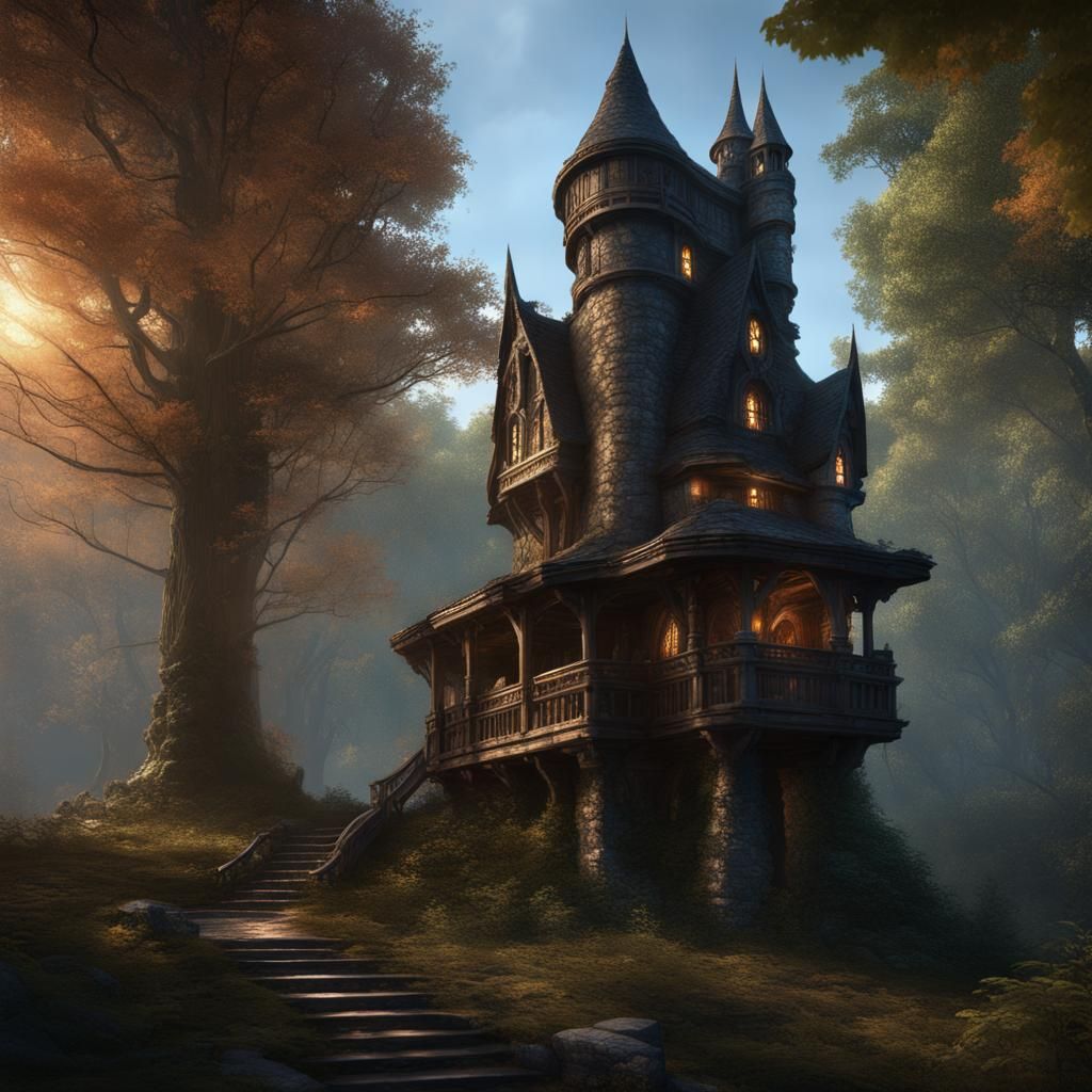 Cozy wizard tower secluded in the woods - AI Generated Artwork ...