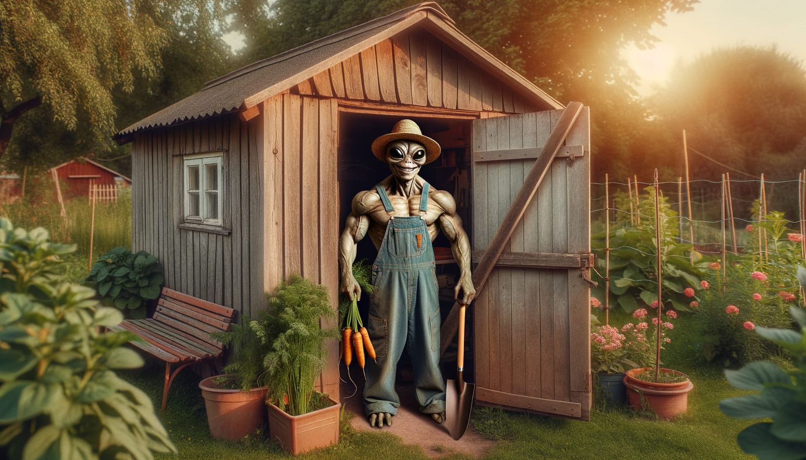 Idealistic country garden with a rustic garden shed with an.open door ...