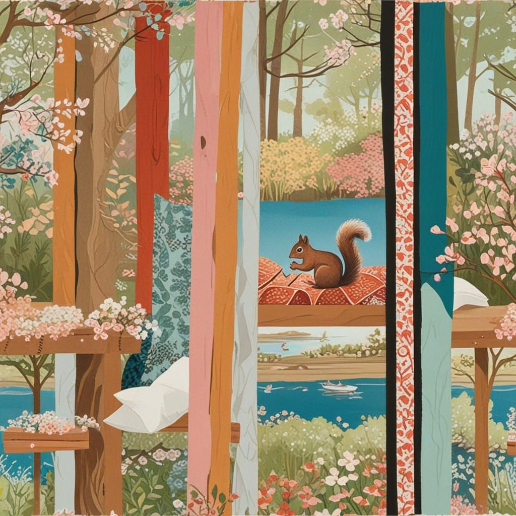 Squirrel Summer Collage - Summer Whimsy in Vibrant Floral Wo...