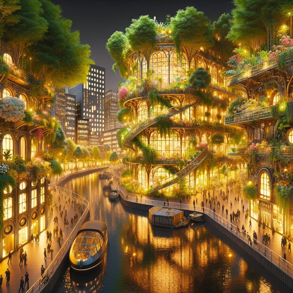 Solarpunk city at night - Solarpunk city at night